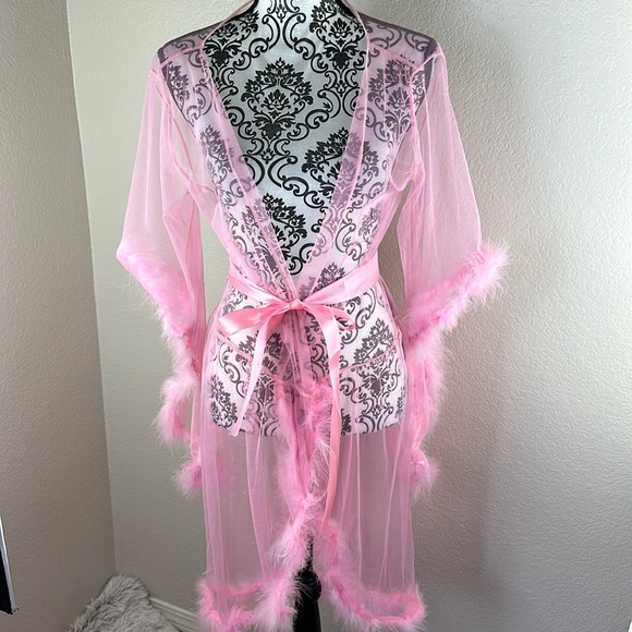 Intimates & Sleepwear | New Faux Fur Fuzzy Detail Sheer Mesh Robe With ...